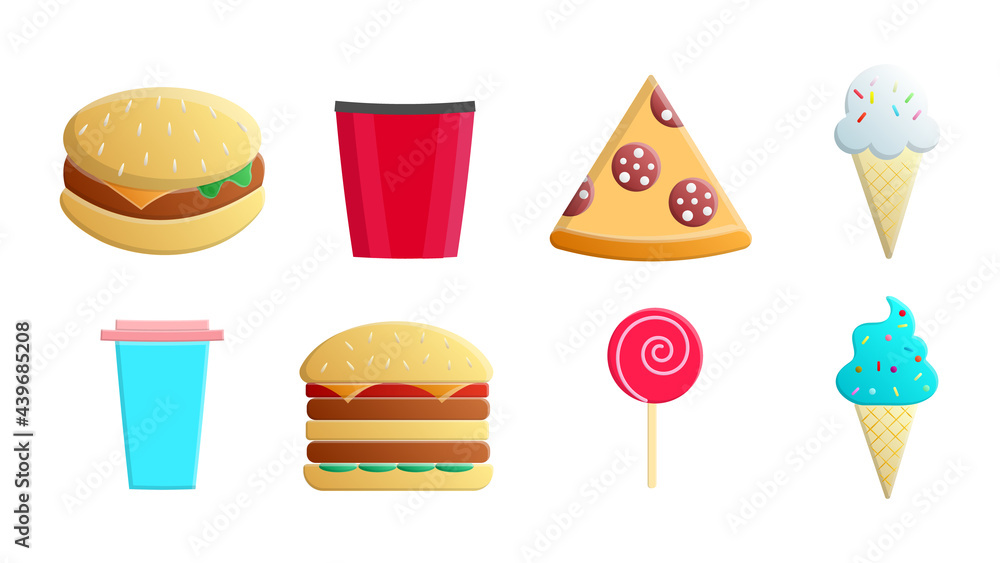 Set of eight icons of items of delicious food and snacks for a cafe bar ...