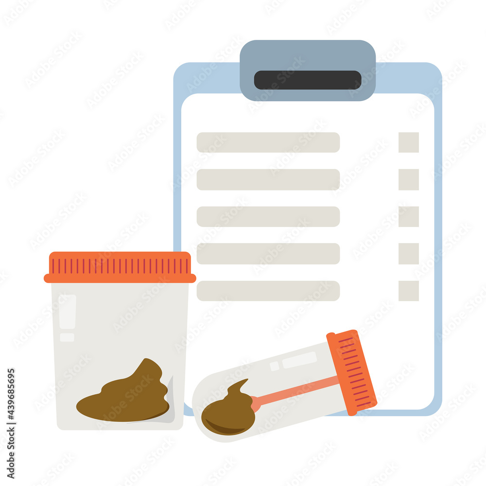 Stool analysis, feces test results and container, test tube with ...