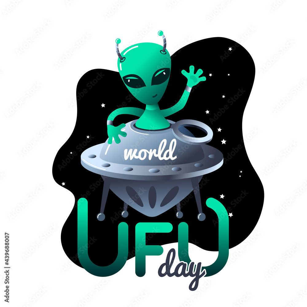 World UFO Day. A cute alien leans out of a flying saucer and waves a ...