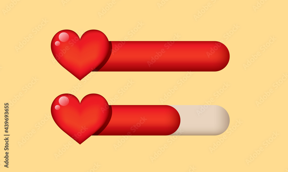Health bar. Game health scale. 3d Heart and red bar are indicators of ...