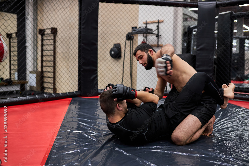 Aggressive MMA fighter punching opponent on floor on mat at gym, during ...