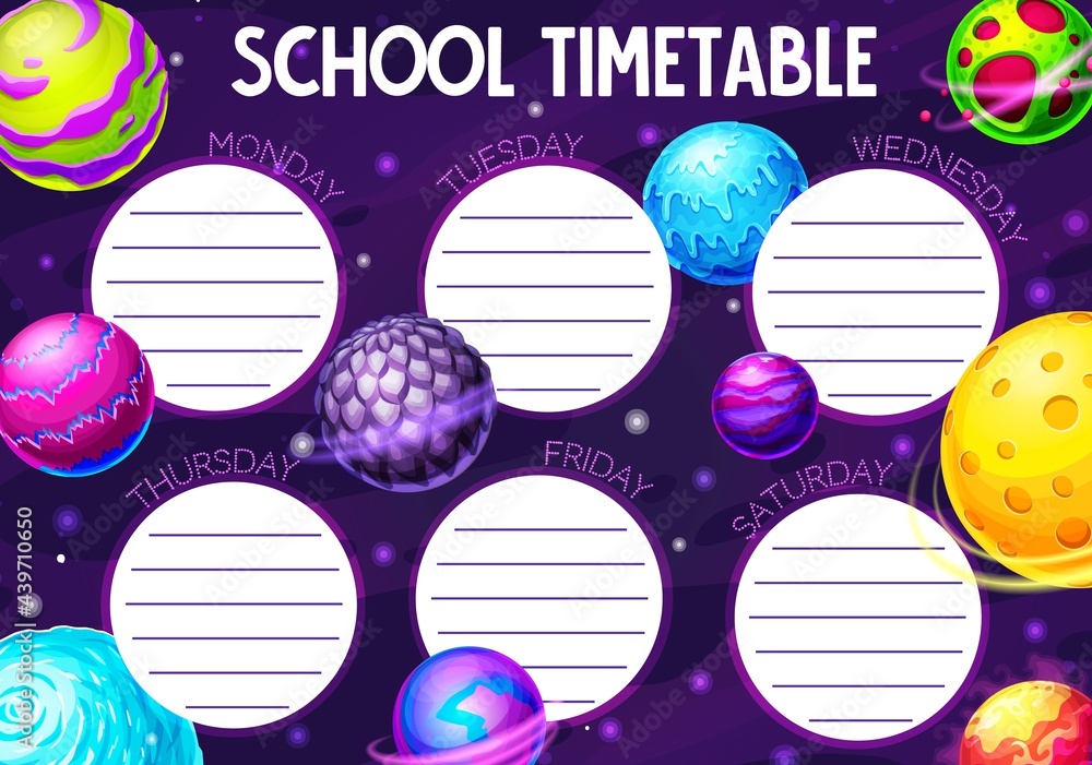 Cartoon galaxy and space planets vector school timetable schedule ...