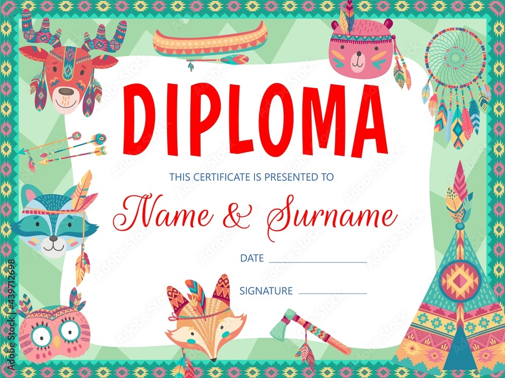 Cartoon indian animals, kids education vector diploma and certificate ...