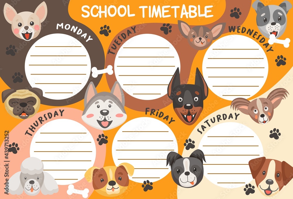 School timetable schedule dogs and puppies. Education vector weekly ...