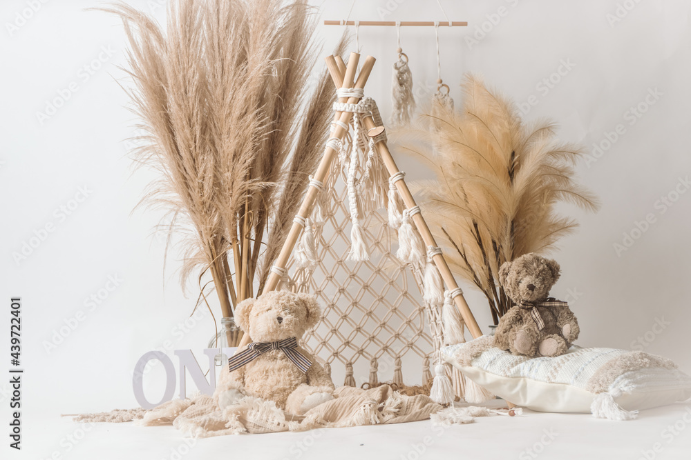 boho style setup, ine year background for studio photo shoot Stock ...