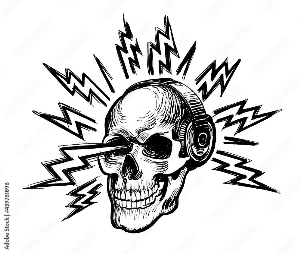 Human skull listening loud music in headphones. Ink black and white ...