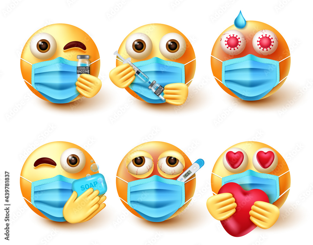 Emoji covid-19 smiley vector set. Smiley 3d emojis in safety guidelines ...