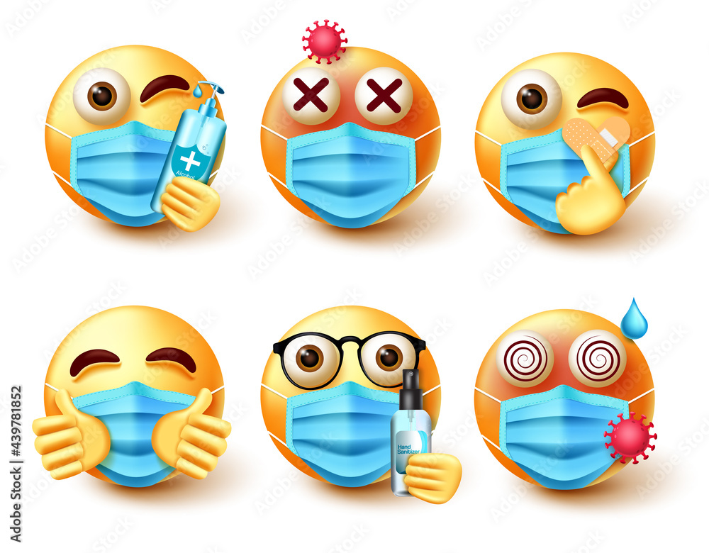 Covid-19 smiley emoji vector set. Emoticons 3d character in new normal ...