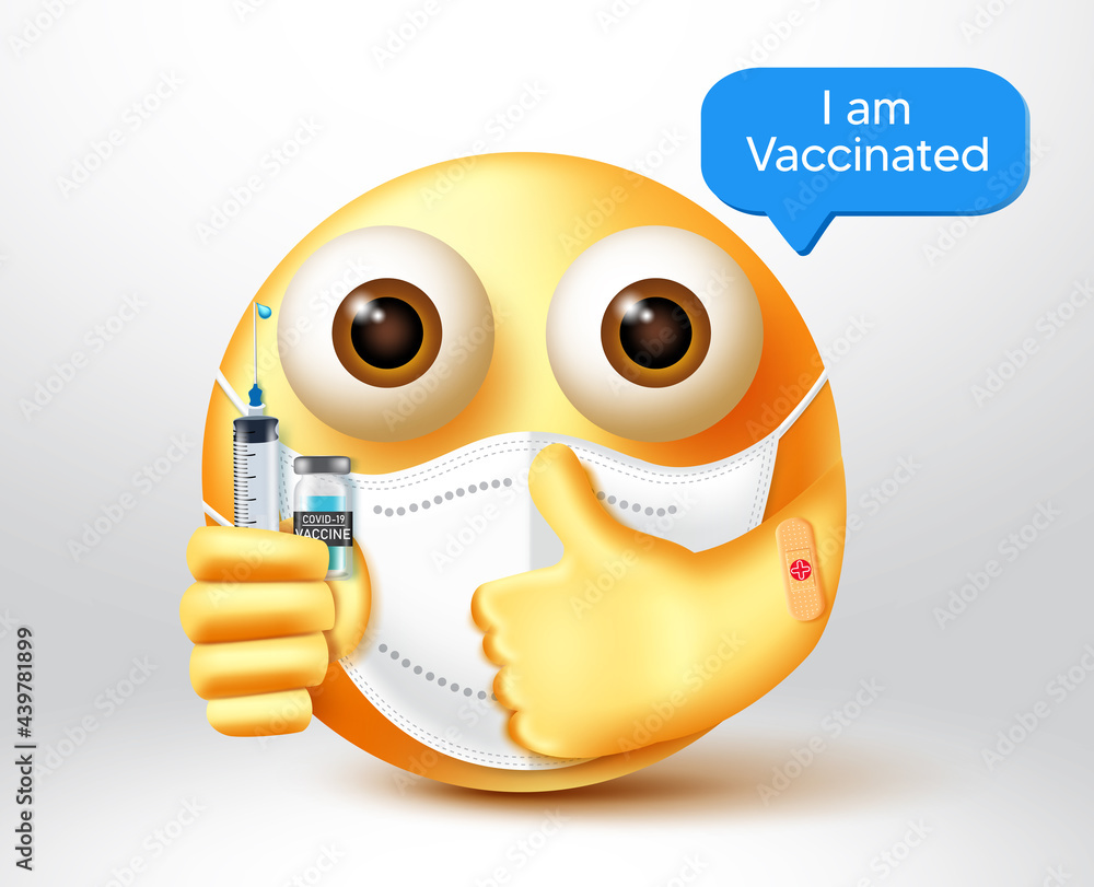 Smiley covid-19 vaccine vector design. Emoji character in 3d with I am ...
