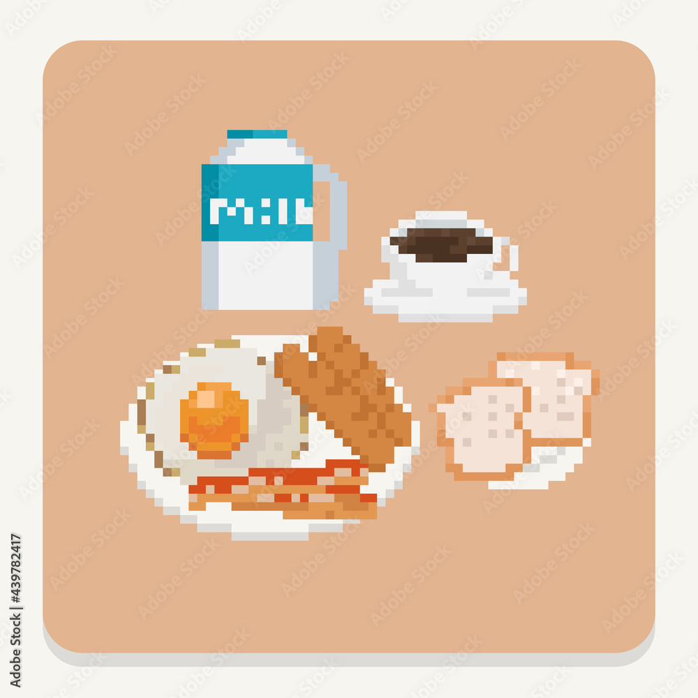 Pixel art set of breakfast icon. Stock Vector | Adobe Stock