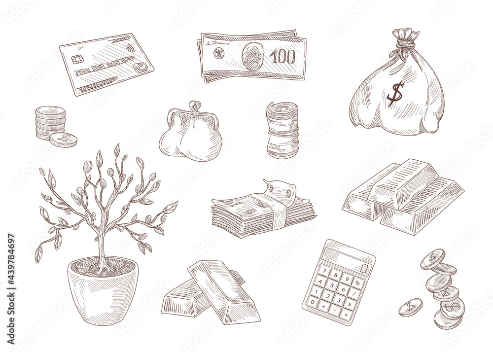 Set of engraving drawings of symbols of financial wealth. Flat vector ...