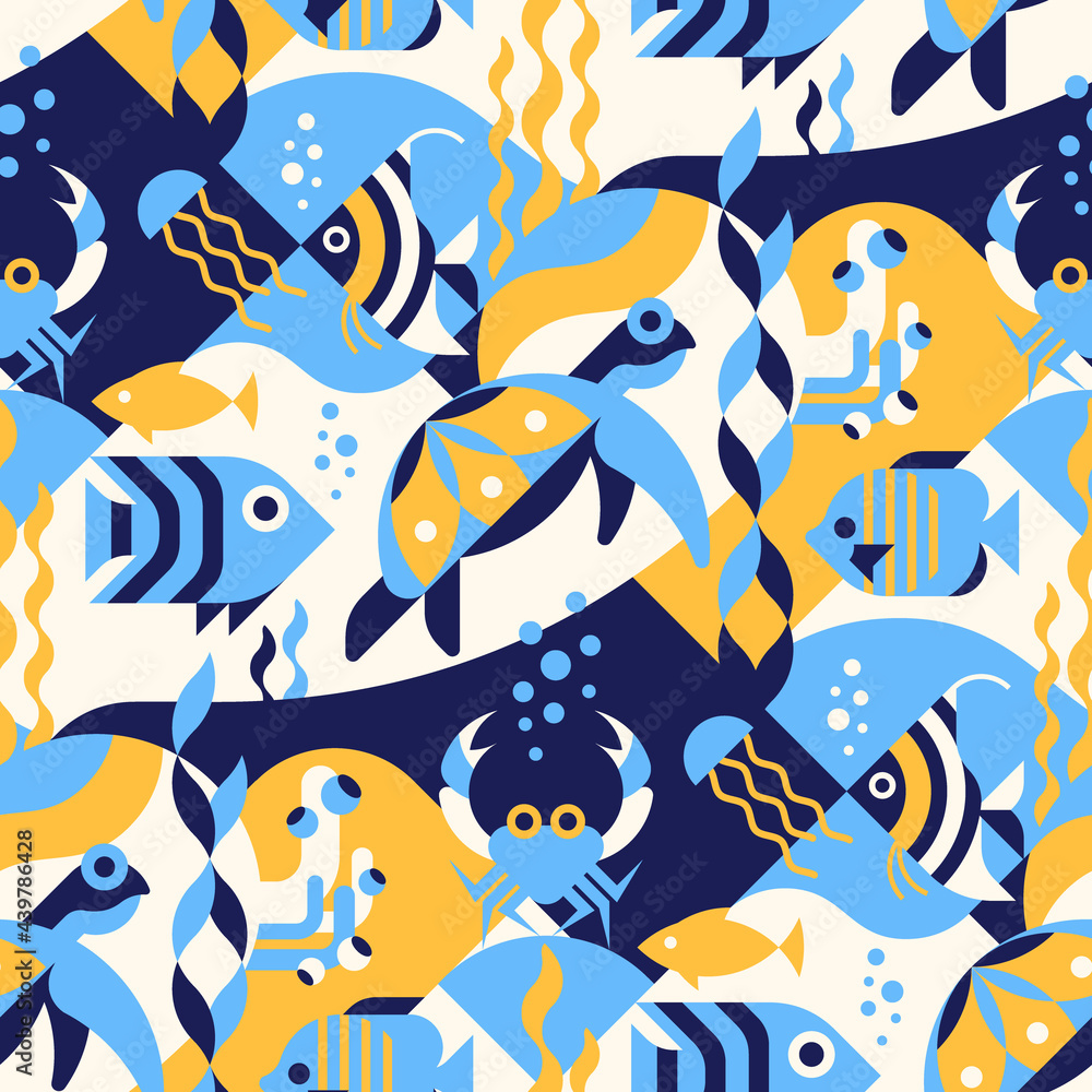Under water sea seamless pattern with, sea turtle, jellyfish, tropical ...