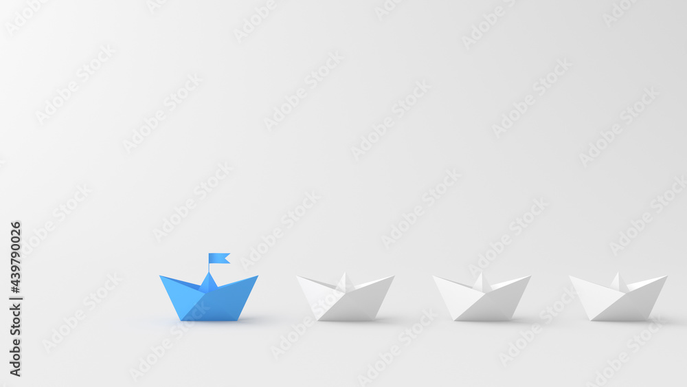 Leadership concept, blue leader boat leading white boats, on white ...