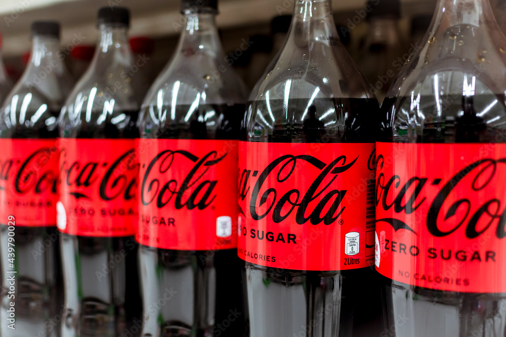 Closeup of Coke Zero soft drinks on display at an aisle in a ...