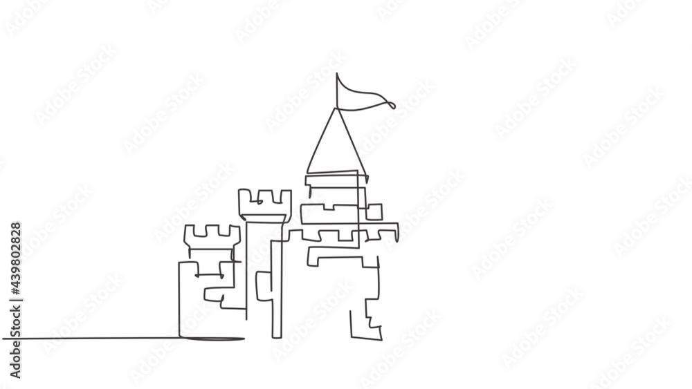 Animation of continuous one line drawing, a castle in an amusement park ...