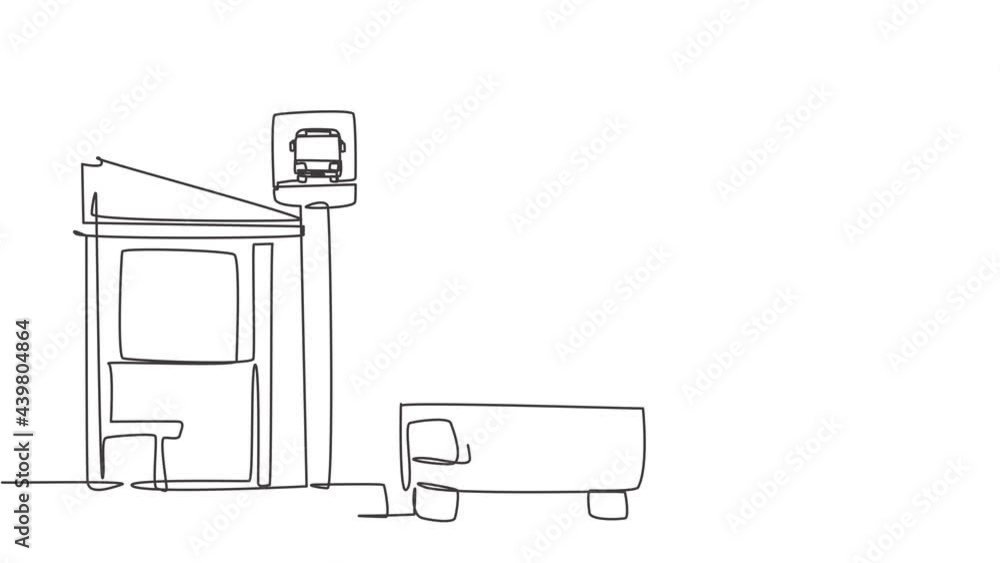 Self drawing animation of single one line draw bus stop with shelter ...