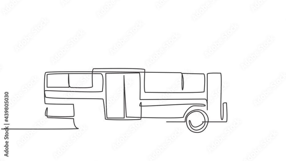 Self drawing animation of single one line draw city buses seen from the ...