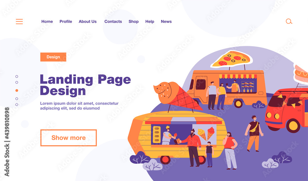 Crowd of people at street food fair in summer. Pizza, ice cream and ...