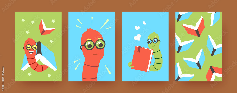 Set of contemporary art posters with cute worms loving books. Vector ...