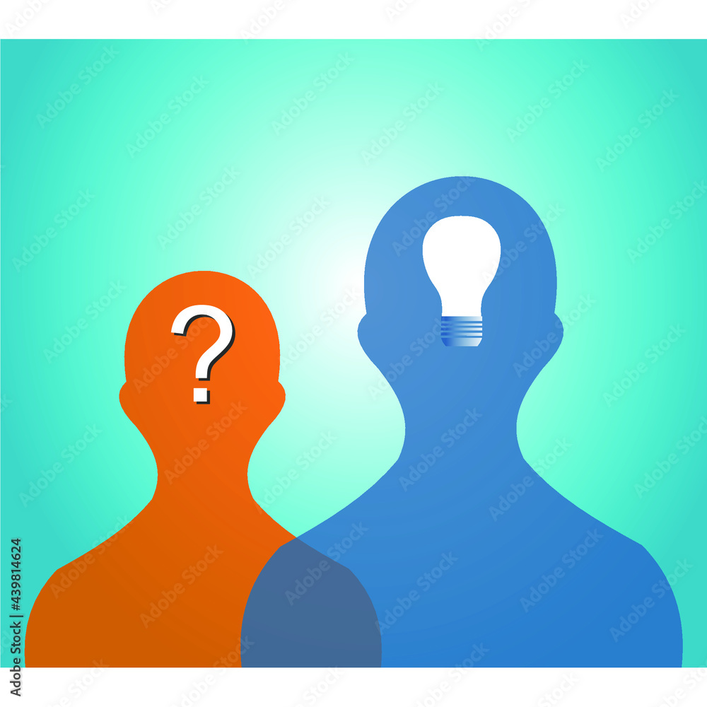 image of two transparent people icons with light bulbs and question ...