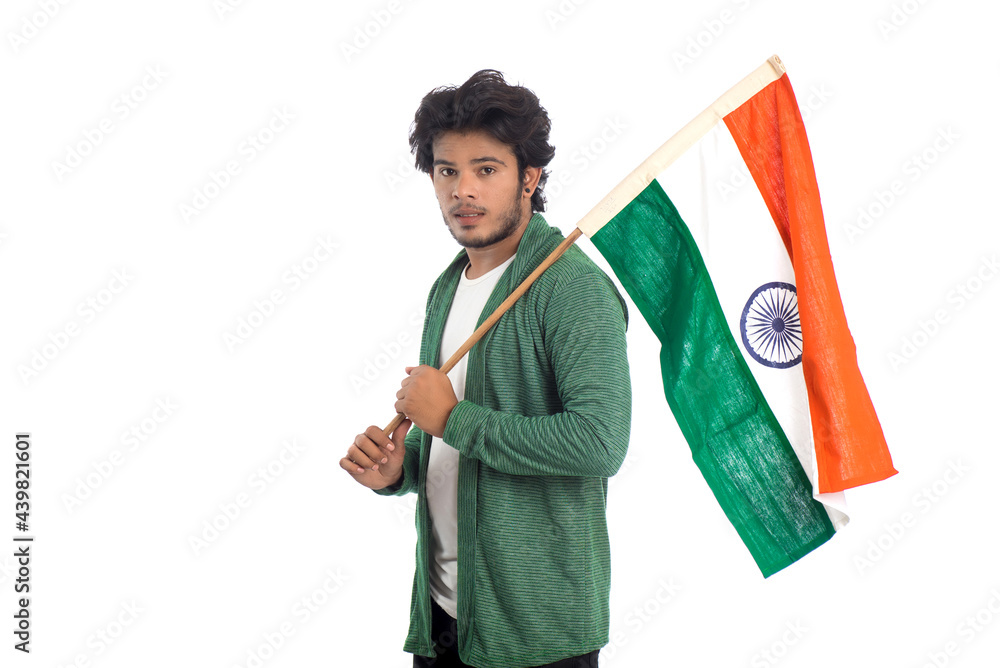 Young man with Indian flag or tricolor on white background, Indian ...