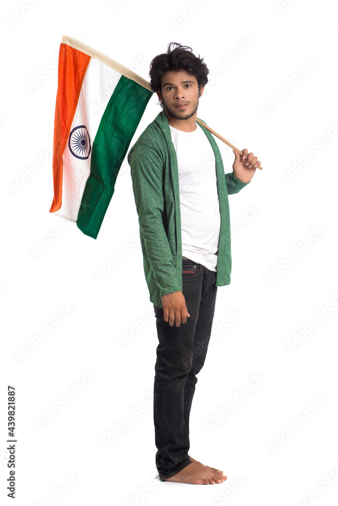 Young man with Indian flag or tricolor on white background, Indian ...