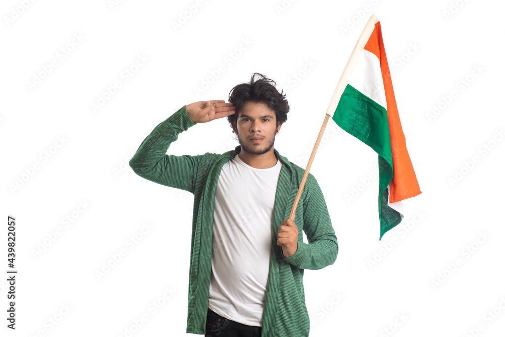 Young man with Indian flag or tricolor on white background, Indian ...