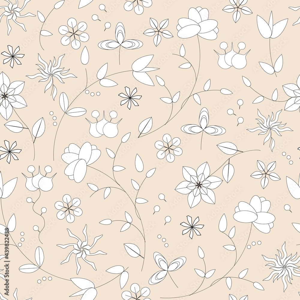 Simple floral pattern of white flowers on a beige background. Stylized ...