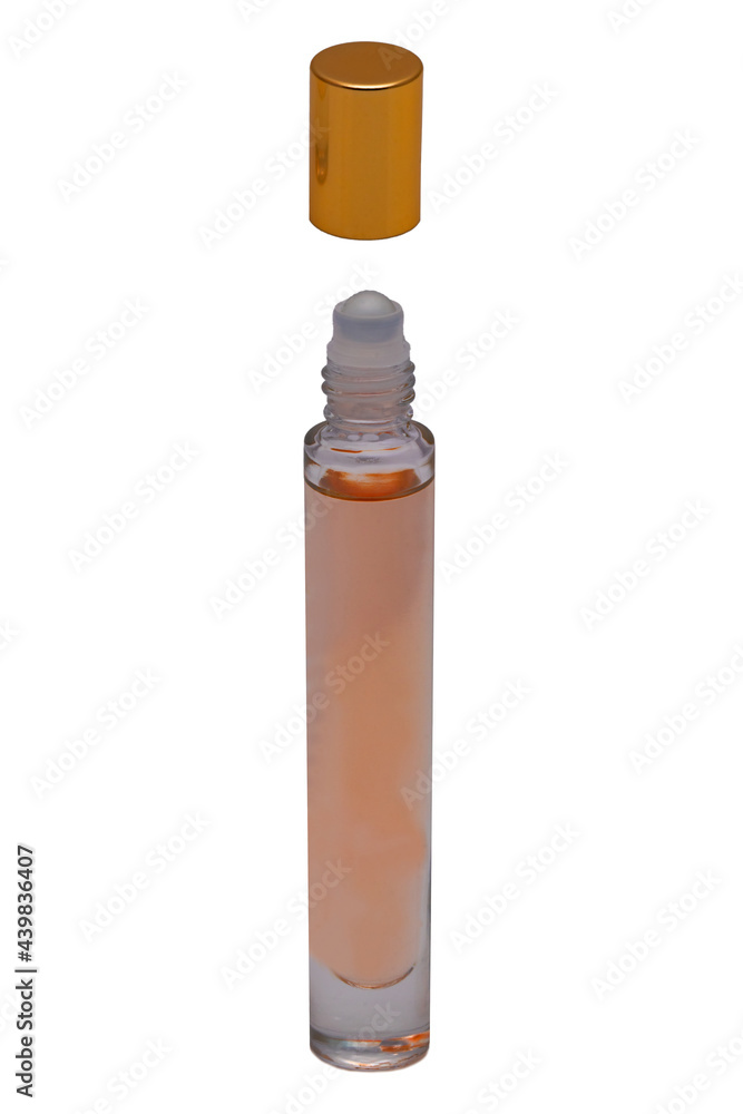 Cosmetic labels. Close-up of a opened orange elegant female parfum ...