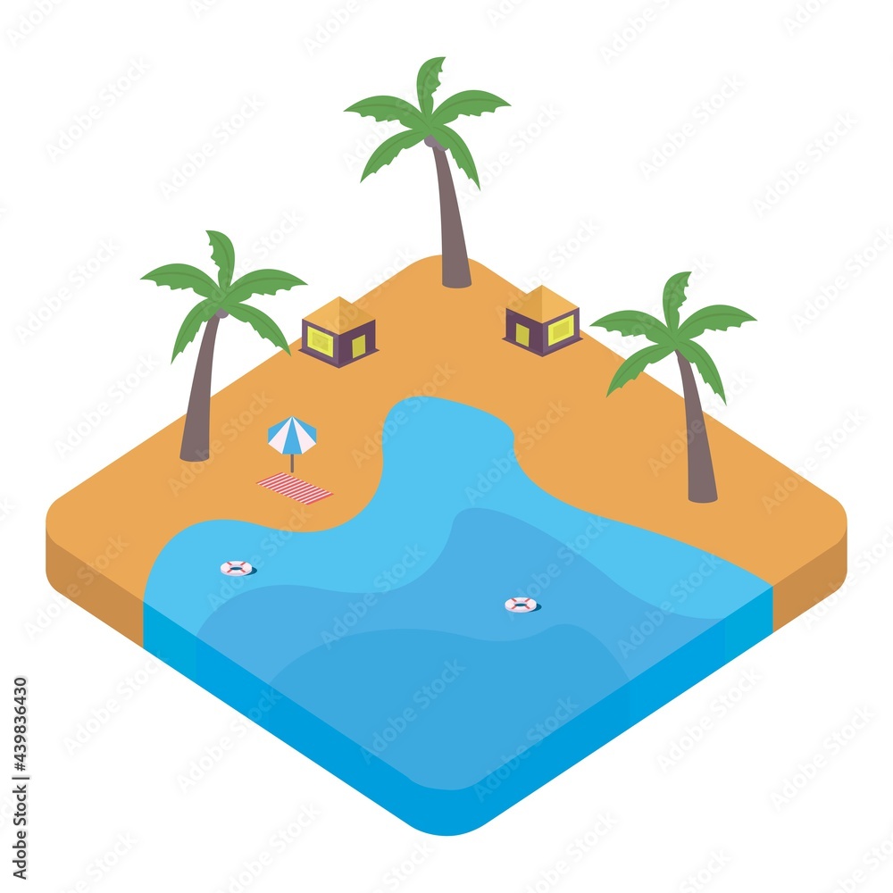 2.5D sandy beach vector design with lifebuoy and resort concept, Sandy ...