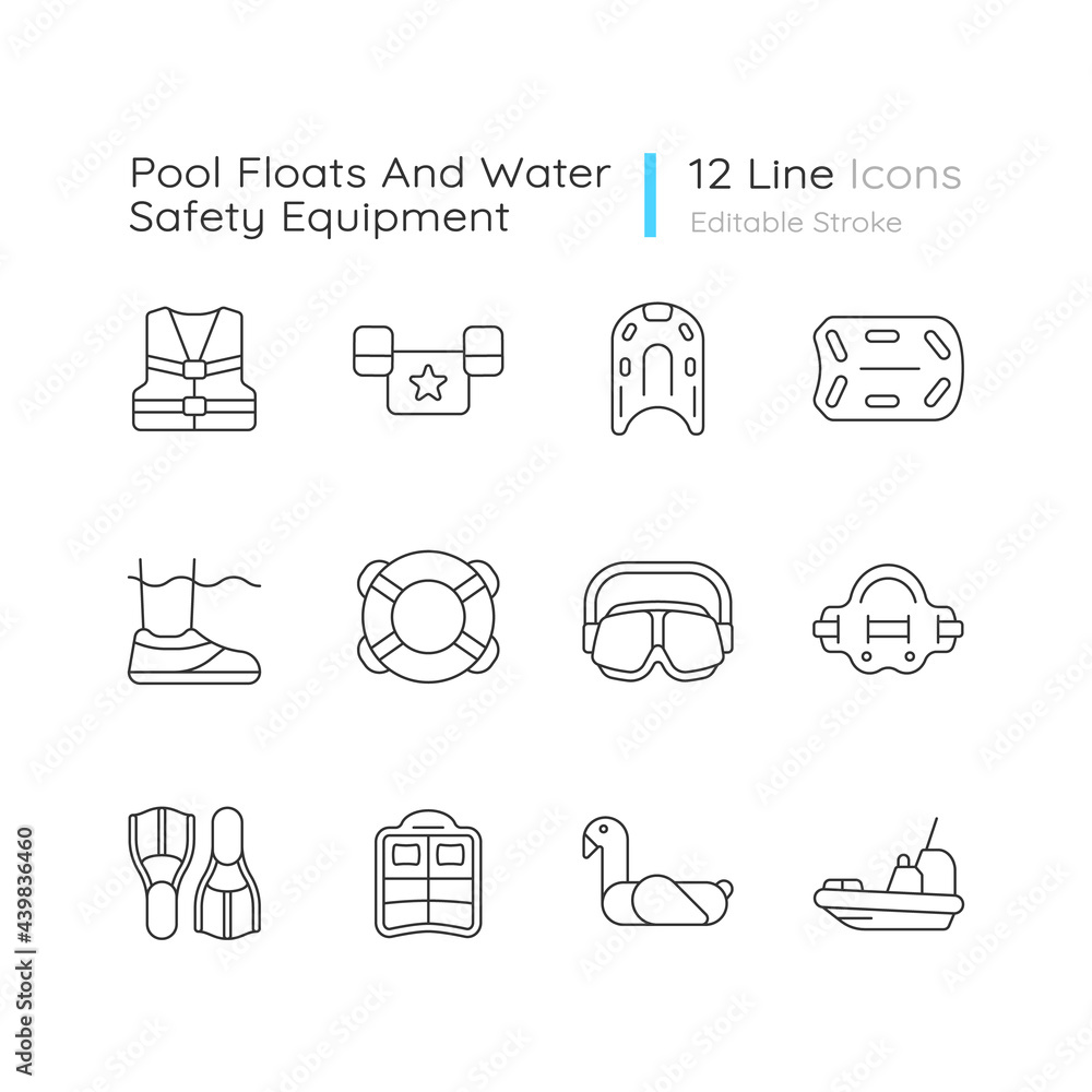 Pool floats and water safety equipment linear icons set. Personal ...