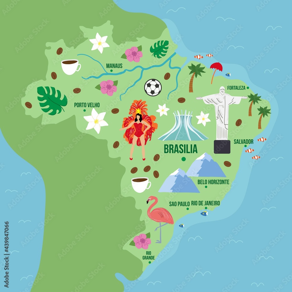 Illustrated map of Brazil with famous symbols and landmarks. Footbal ...