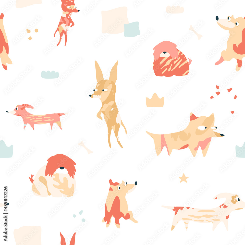 Funny dogs filled with abstract shapes. Cute pets seamless pattern. Pop ...