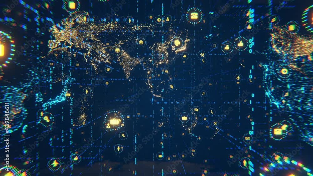 3D animation of an abstract space with a world map and social icons. 4K ...