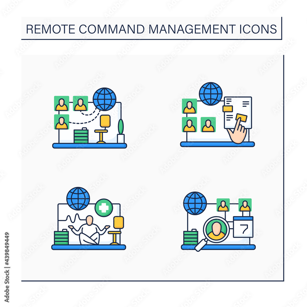 Remote command management color icons set. Virtual office, interactive ...