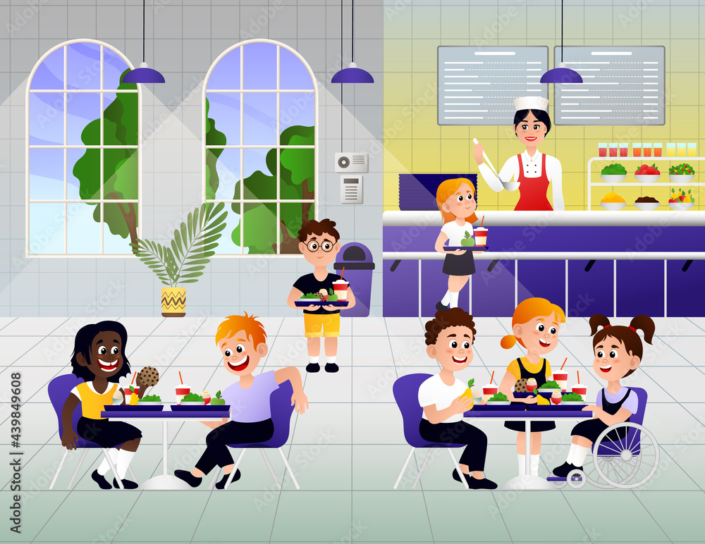 Cartoon kids eating breakfast at school. A vector illustration of elementary students eating ...