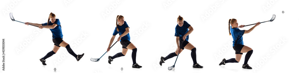 Floorball female player isolated on white studio background. Action and ...