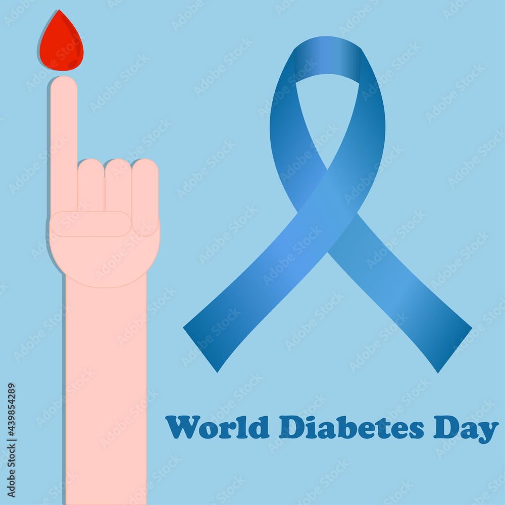 Hand, finger and blood.14th November.World diabetes day.Blue ribbon ...