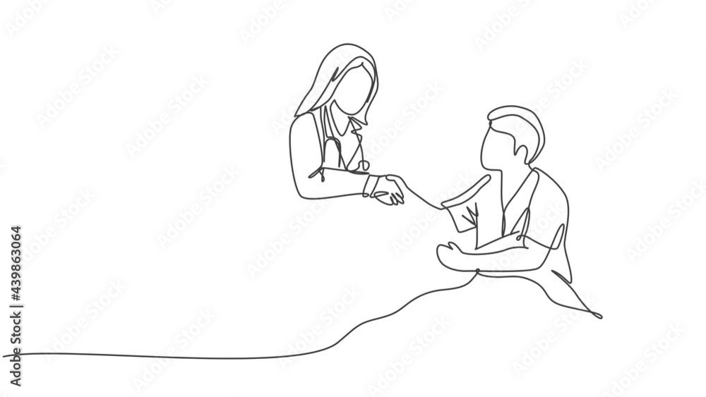 Animated self drawing of continuous line draw young happy female doctor ...