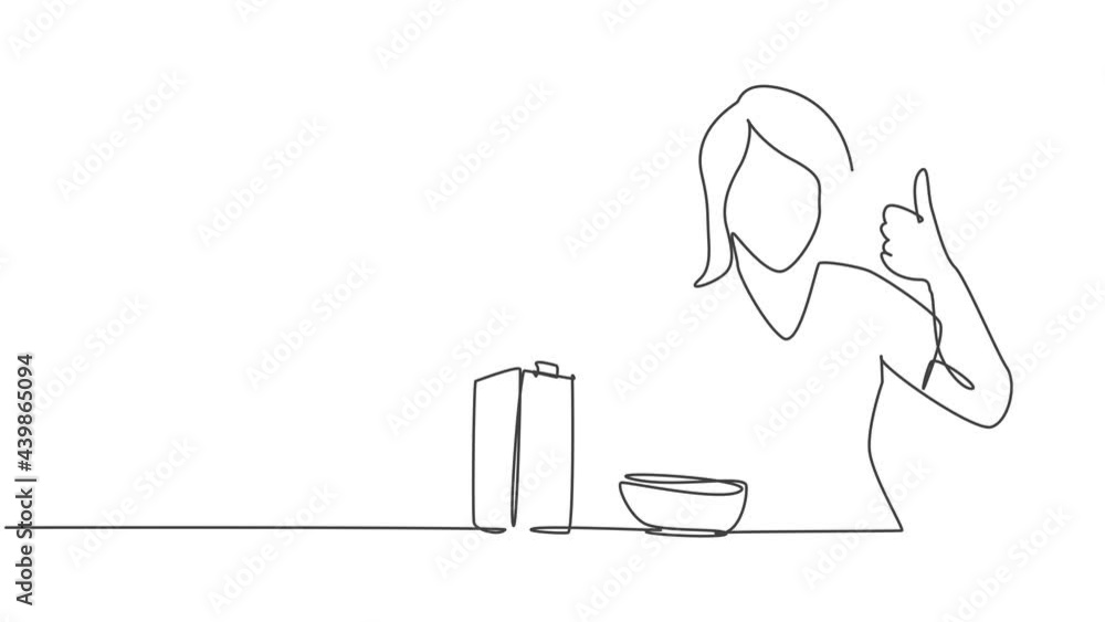 Animation of one line drawing of young happy woman eating breakfast ...