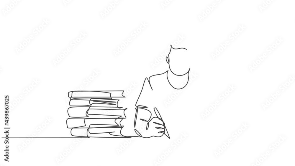 Animation of one line drawing of male college student studying and ...