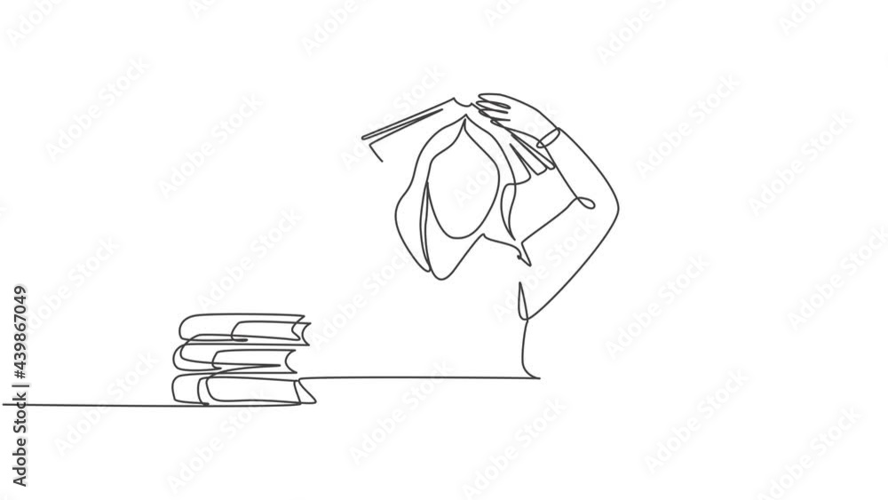 Animation of one line drawing of bored student read stack of books and ...