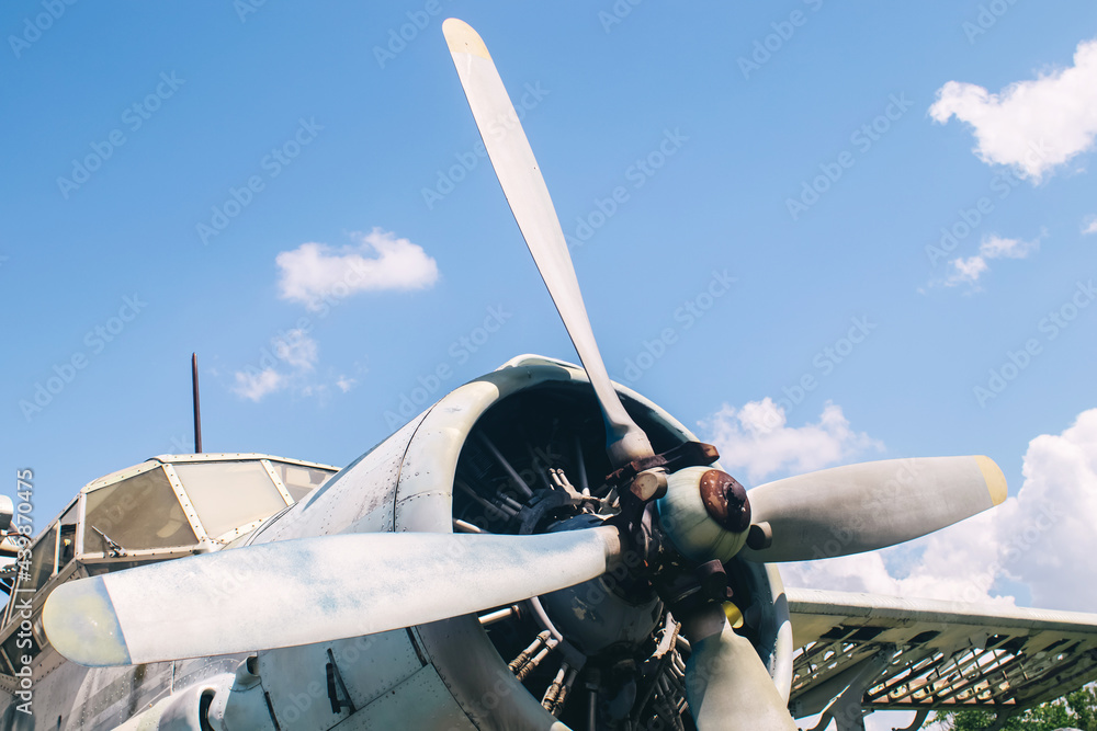 A close-up of an old aircraft engine showing rust and breakage. Visible ...