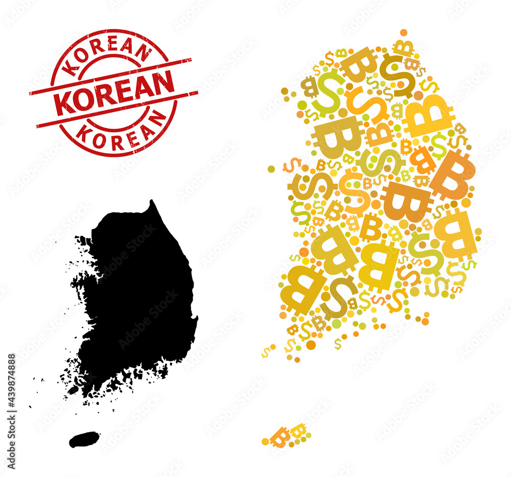 Scratched Korean seal, and currency mosaic map of South Korea. Red ...