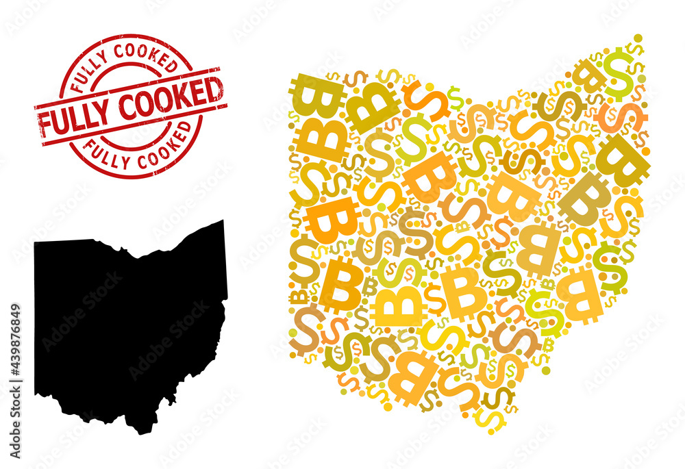 Rubber Fully Cooked stamp, and currency mosaic map of Ohio State. Red ...