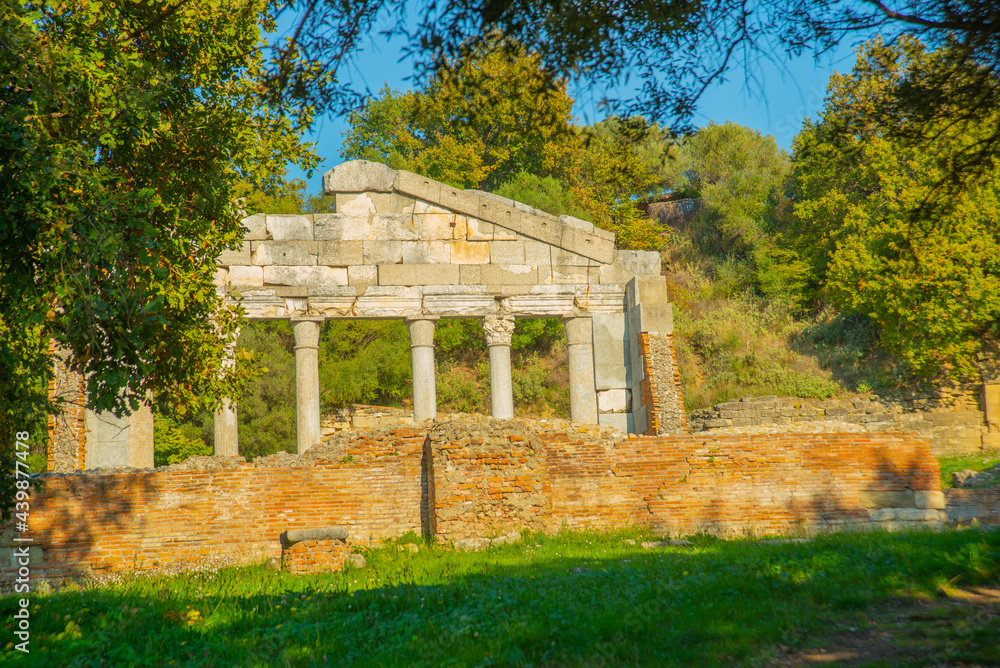 APOLLONIA, ALBANIA: Ancient Greek temple with white columns in the city ...