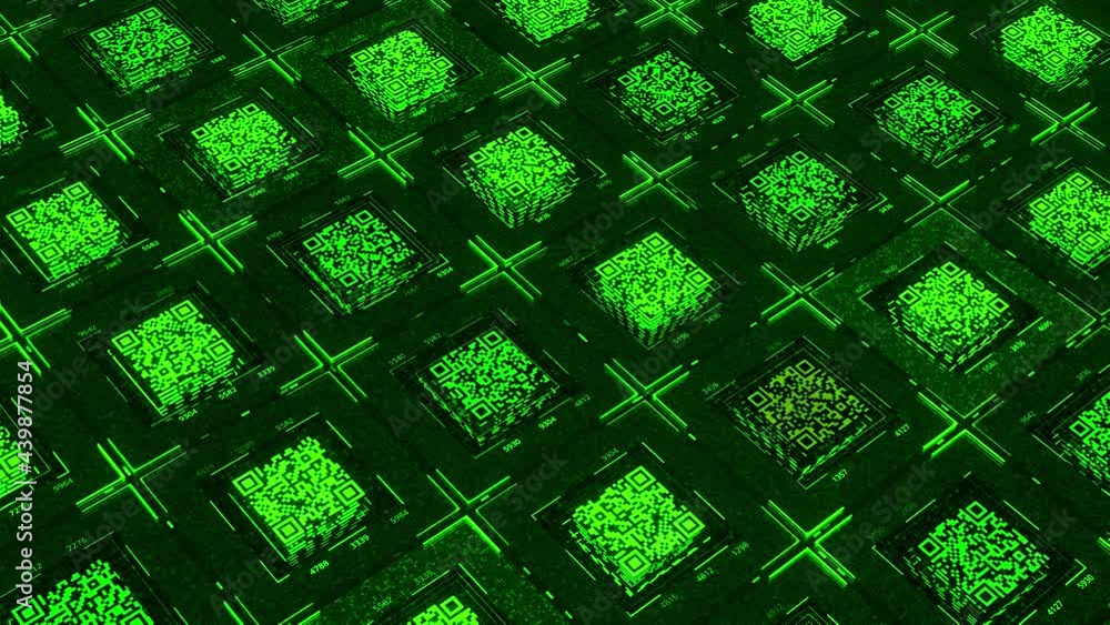 Database with Qr codes. Animation. Electronic space with lots of green ...