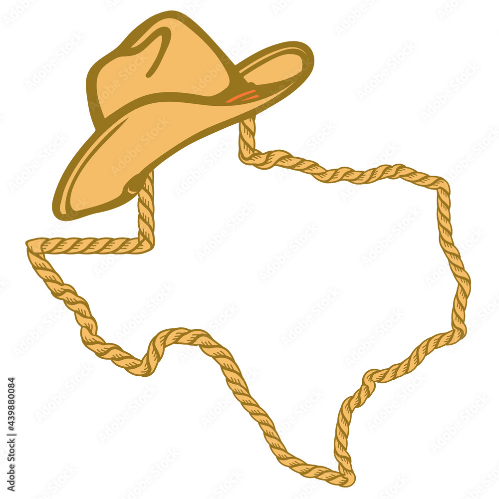 Texas map with lasso rope frame and cowboy hat isolated on white for ...