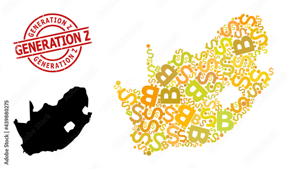 Distress Generation Z seal, and banking mosaic map of South African ...