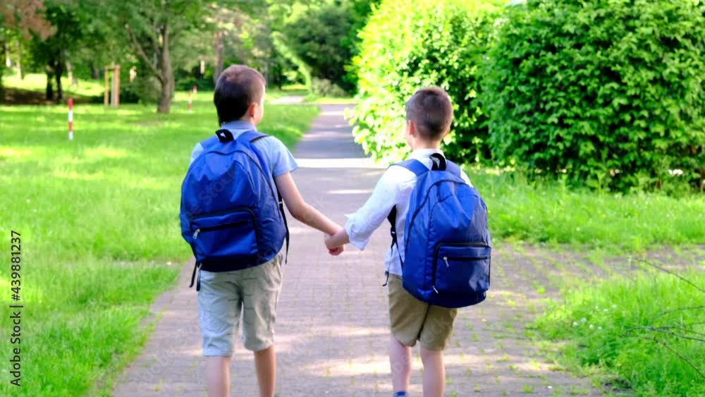two boys, ,primary school students, children with blue school bags ...